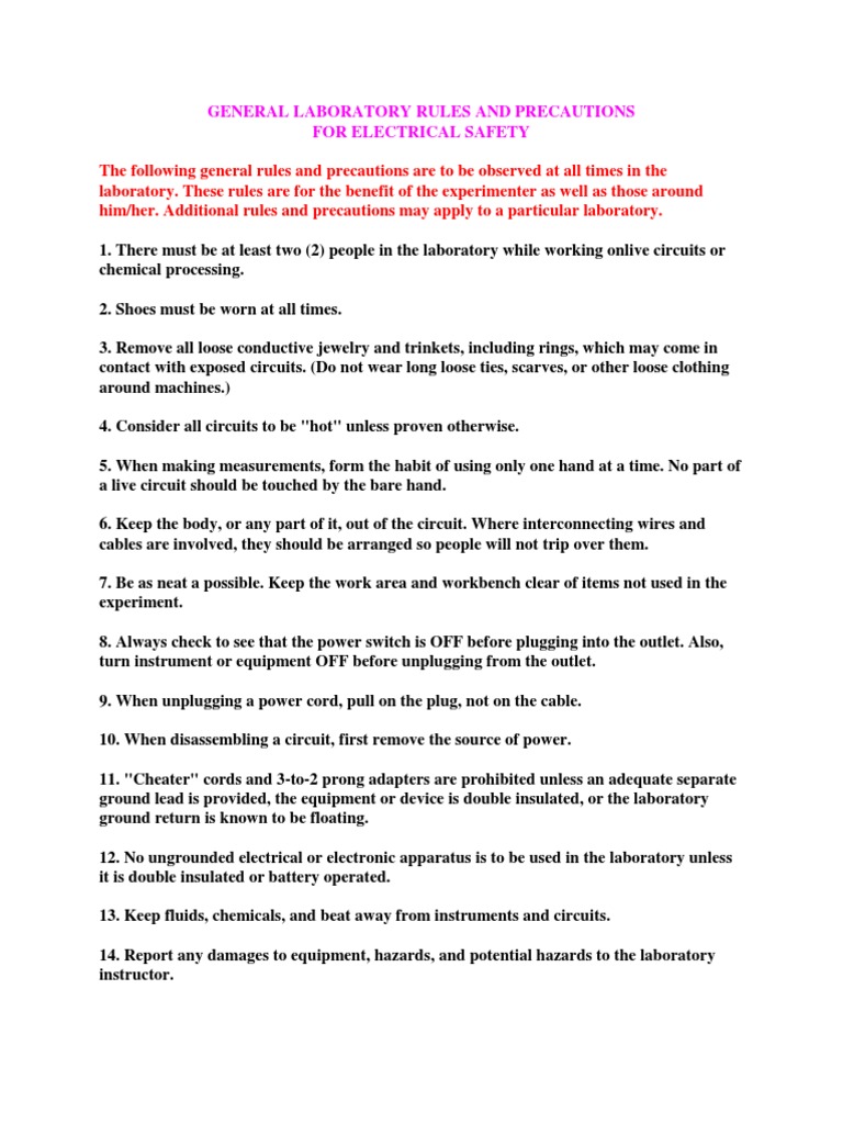 General Laboratory Rules and Precautions For Electrical Safety | PDF ...