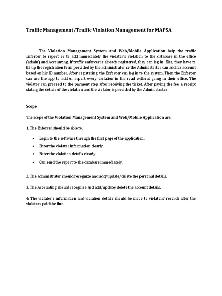 Traffic Management/Traffic Violation Management For MAPSA: Scope | PDF ...
