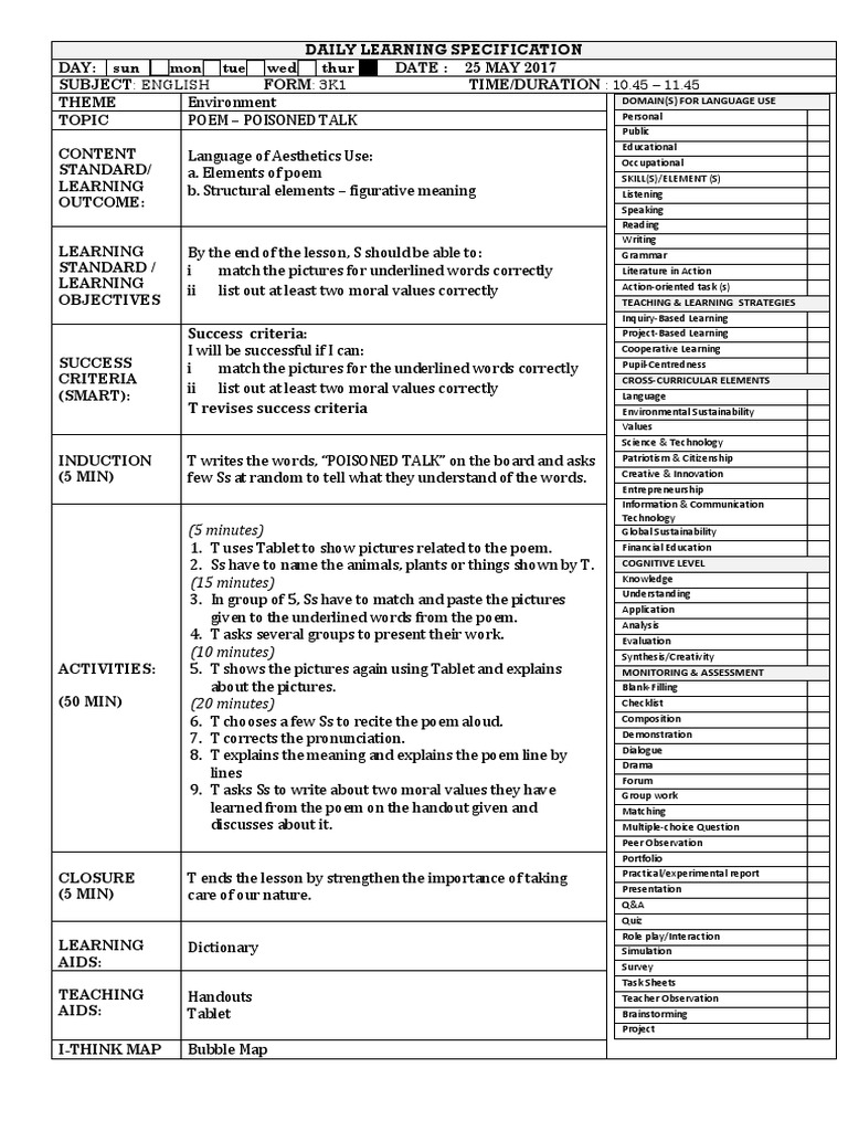 Daily Learning Specification: (5 Minutes) | PDF | Learning ...