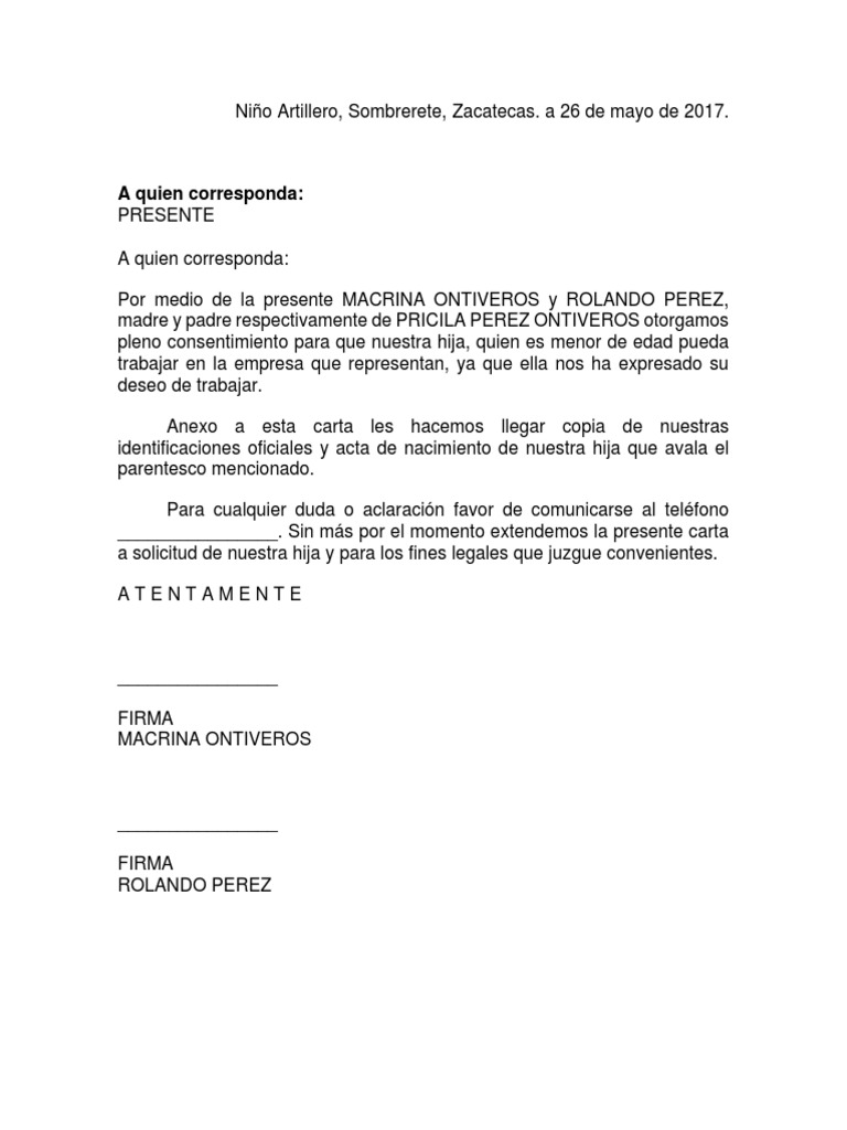 Ejemplo de Carta Permiso de Trabajo para Un Menor de Edad | PDF