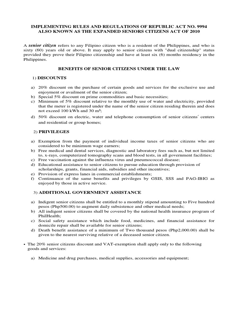 Implementing Rules And Regulations Of Republic Act No. 9994 Also Known ...