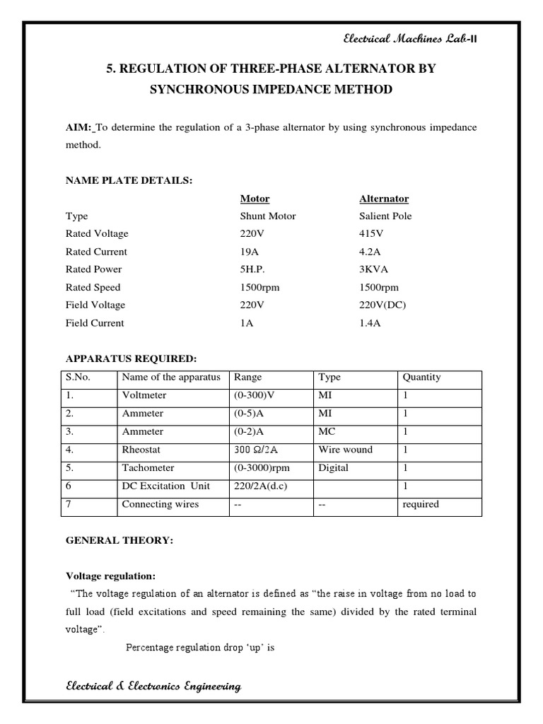 Electrical Machines Lab-II 5. Regulation of Three-Phase Alternator by ...
