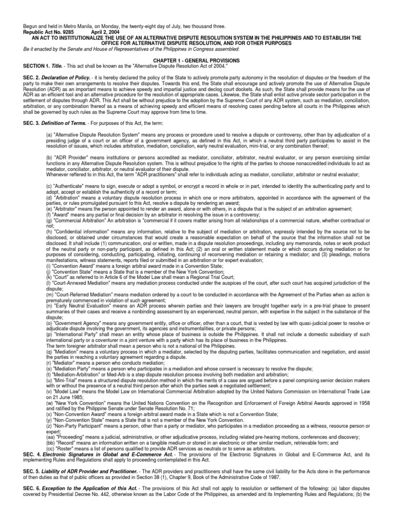 RA 9285 and Special ADR Rules | PDF | Alternative Dispute Resolution ...