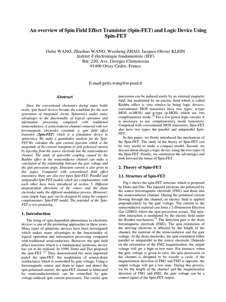 An Overview of Spin Field Effect Transistor (Spin-FET) and Logic Device ...