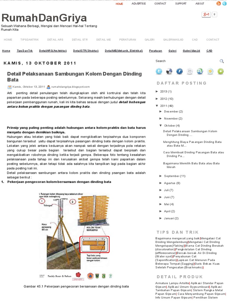 Detail Pelaksanaan Sambungan Kolom Dengan Dinding Bata | PDF