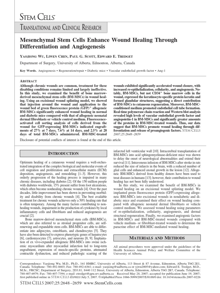 Wu Et Al-2007-Stem Cells | PDF | Wound Healing | Angiogenesis