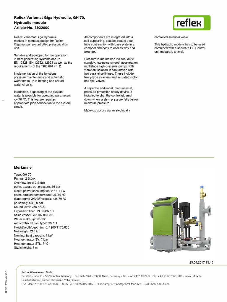 Reflex Variomat Giga Hydraulic, GH 70, Hydraulic Module Article-No ...