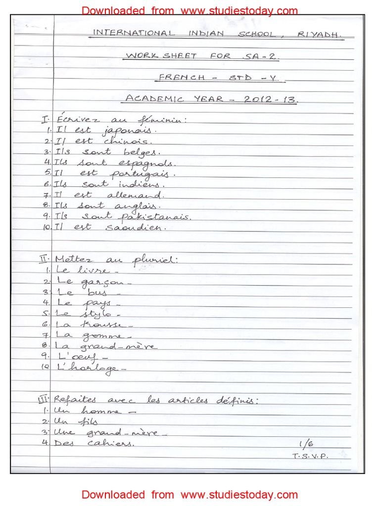 CBSE Class 5 French Worksheet PDF | PDF