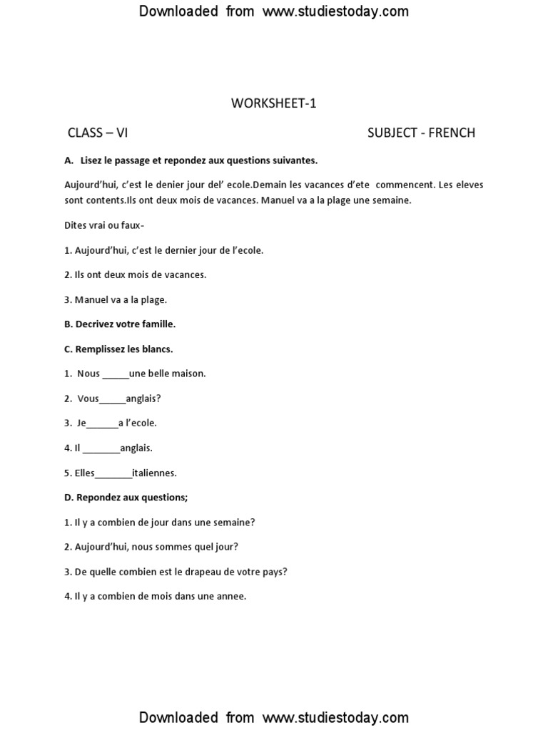 CBSE Class 6 French Practice Worksheets | PDF