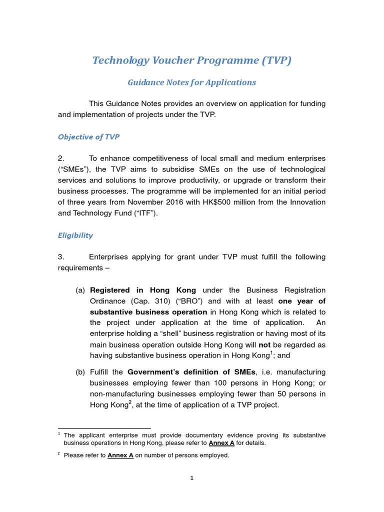 Technology Voucher Programme (TVP) : Guidance Notes For Applications ...