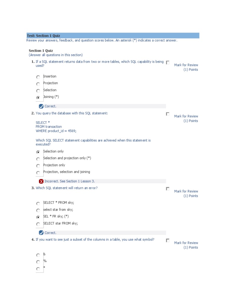 Test: Section 1 Quiz | PDF | Sql | Relational Database