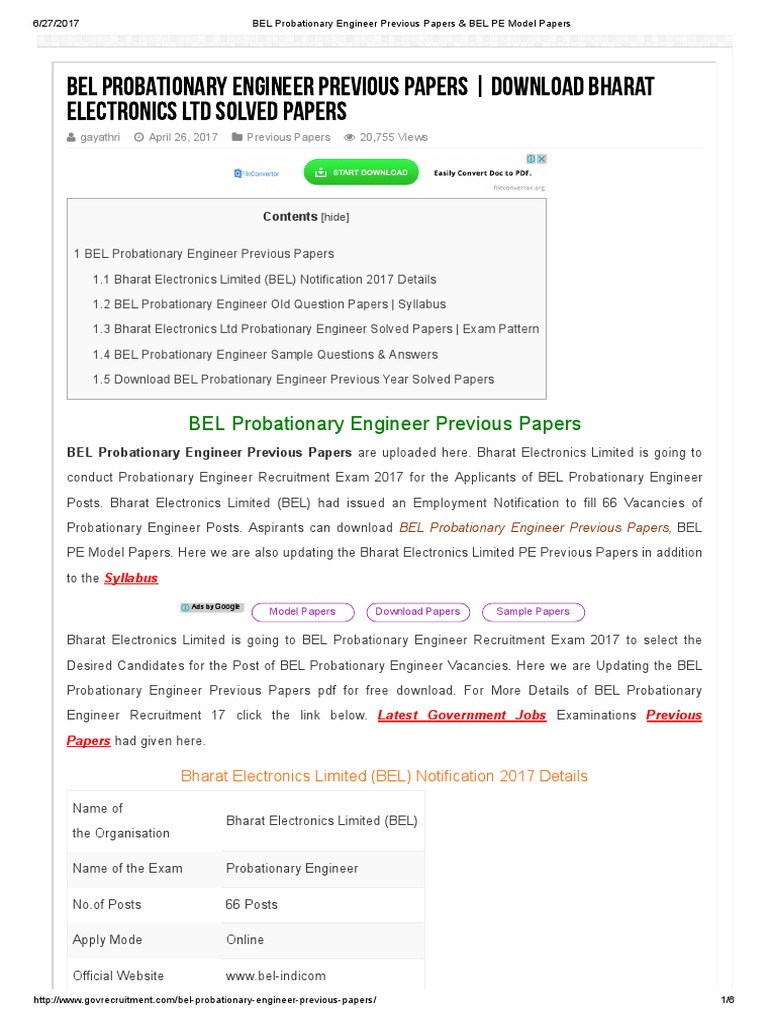 BEL Probationary Engineer Previous Papers & BEL PE Model Papers | PDF ...