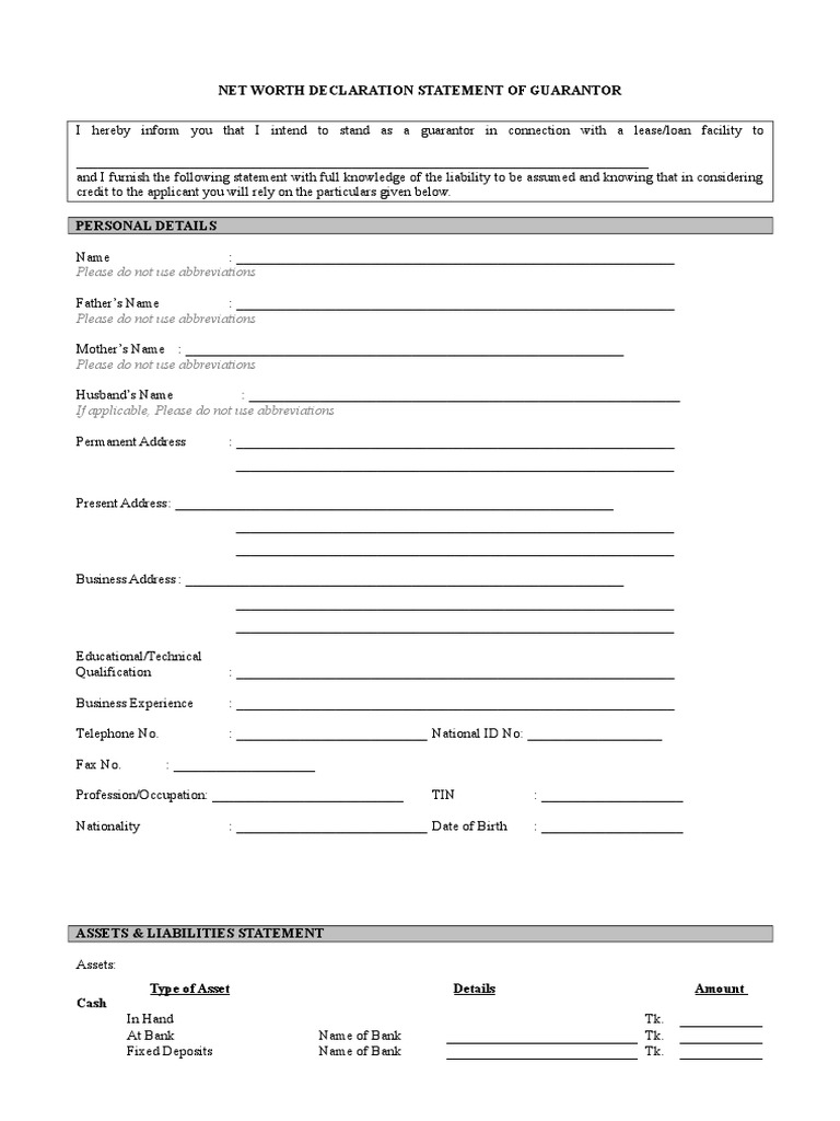 Networth Statement of Guarantor | PDF | Banks | Loans