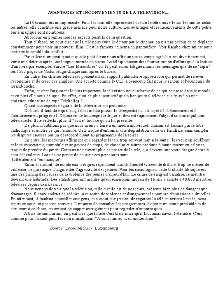 Avantages Et Inconvenients de La Television | Télévision | Cinématographie Avantages Et Inconvenients de La Television | Télévision | Cinématographie