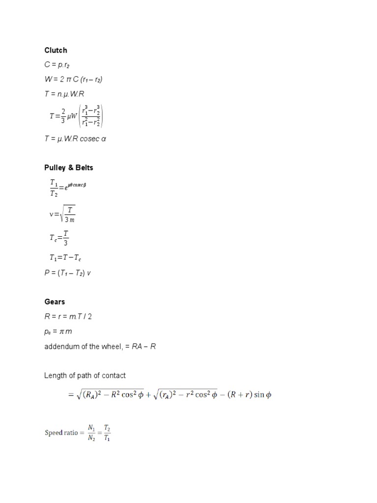 Clutch, Pulley, and Gear Formulas | PDF