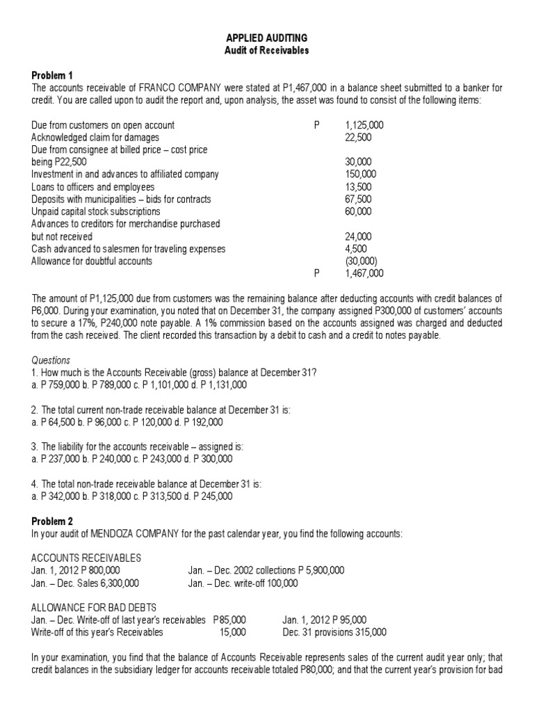 Applied Auditing Audit of Receivables Problem 1: Questions | PDF | Bad Debt | Debits And Credits