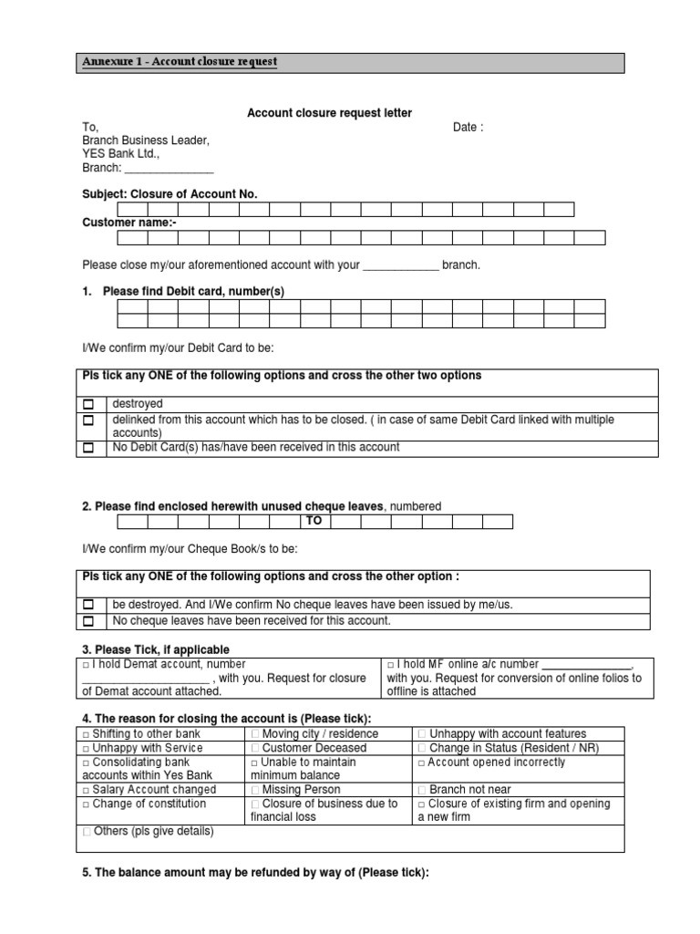Acc Closing Form | PDF | Cheque | Debit Card