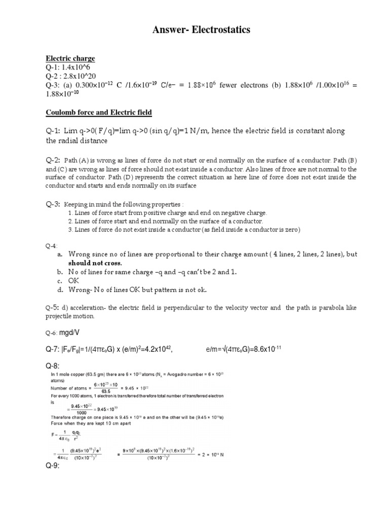 Answer-Electrostatics: Electric Charge | PDF