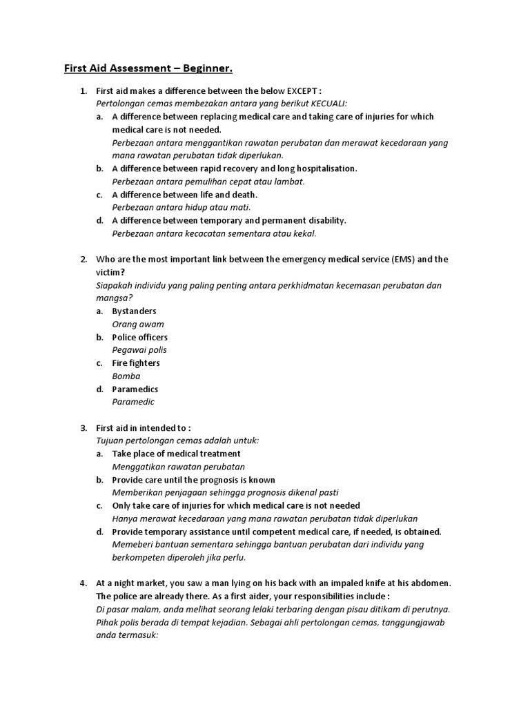 First Aid Assessment - Beginner | PDF