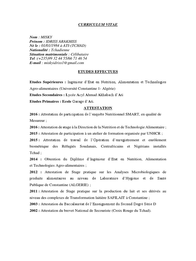 CV Actualisé d'Idriss Arakhiss Misky | PDF | Haut Commissariat des ...