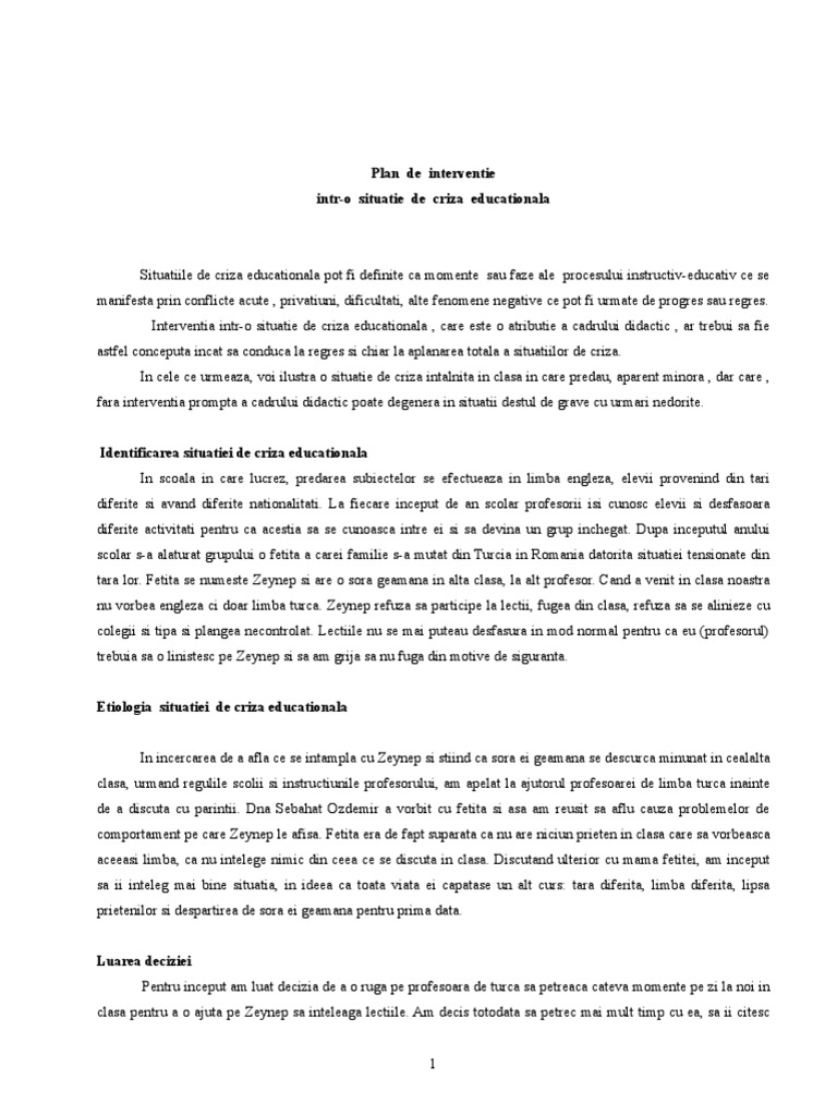 Plan de Interventie Intr-o Situatie de Criza Educationala