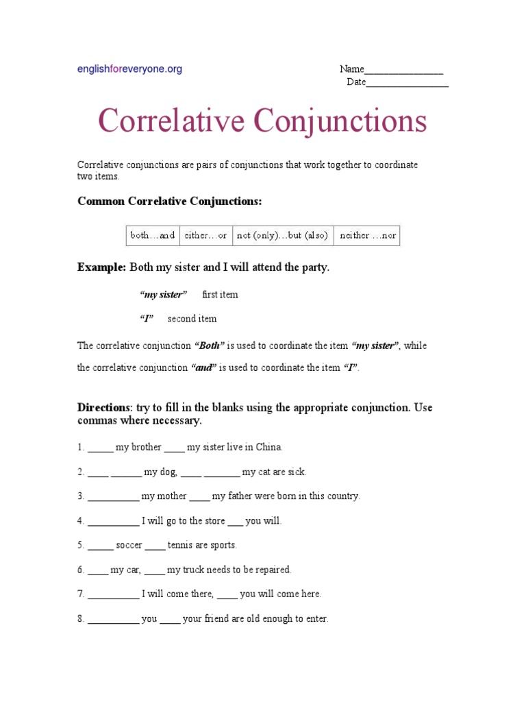 Correlative Conjunctions Exercises | PDF