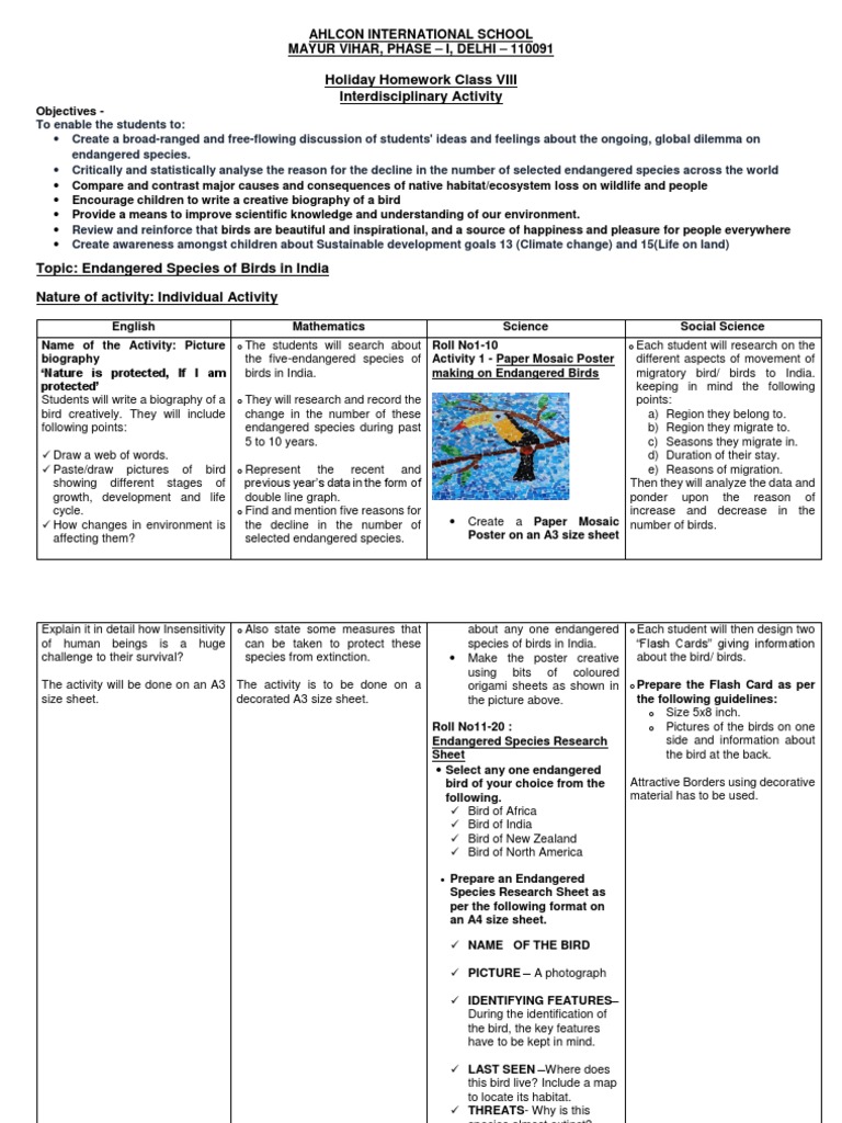 Class VIII - Interdisciplinary Holiday Homework | PDF | Endangered ...