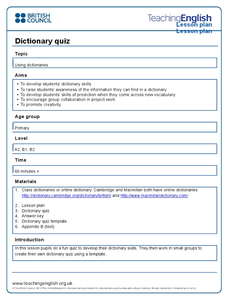 Developing Dictionary Skills: A Lesson Plan to Encourage Group ...