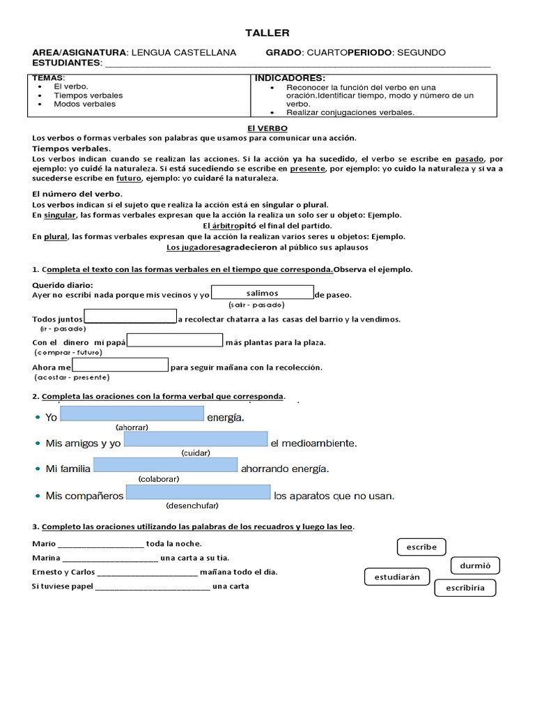 Taller El Verbo 4 Pdf Verbo Onomástica