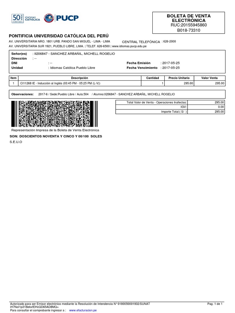 Boleta de Venta Idiomas Católica | PDF