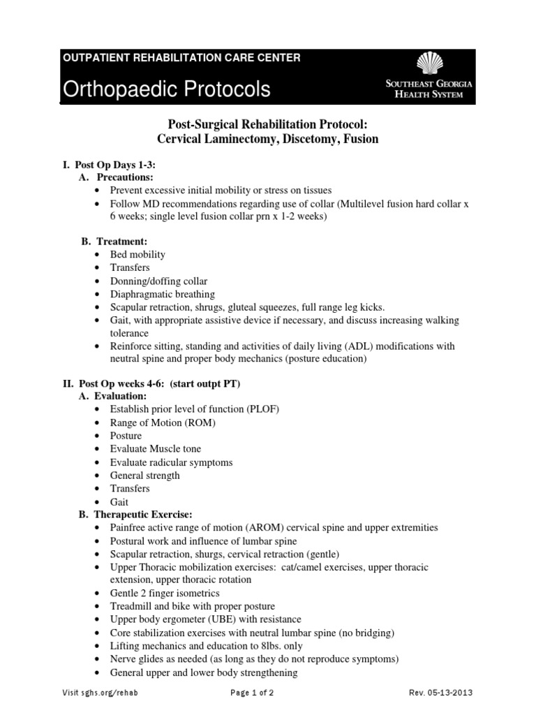 Cervical Laminectomy Rehab Protocol | PDF | Physical Therapy ...