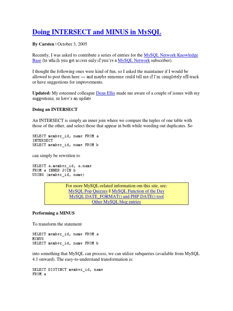 Doing Intersect and Minus in Mysql | PDF | Computer Data | Data Management Software
