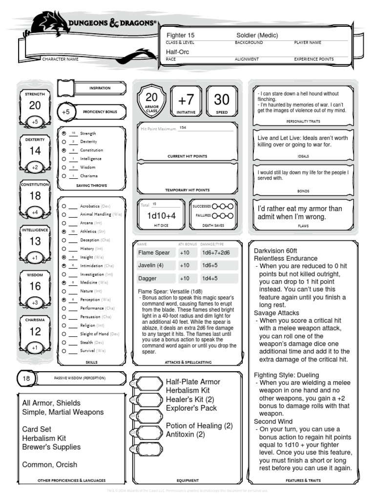 Half-Orc Battlemaster Fighter 15 | PDF | Role Playing Games | Gaming