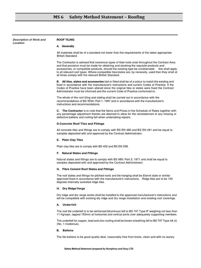MS 6 Safety Method Statement Roofing | PDF | Roof | Asphalt