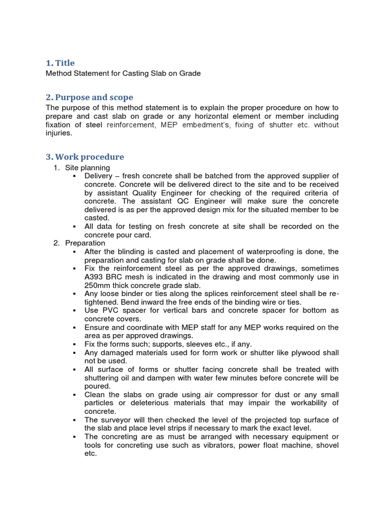 Method Statement For Slab On Grade | PDF | Concrete | Building Engineering