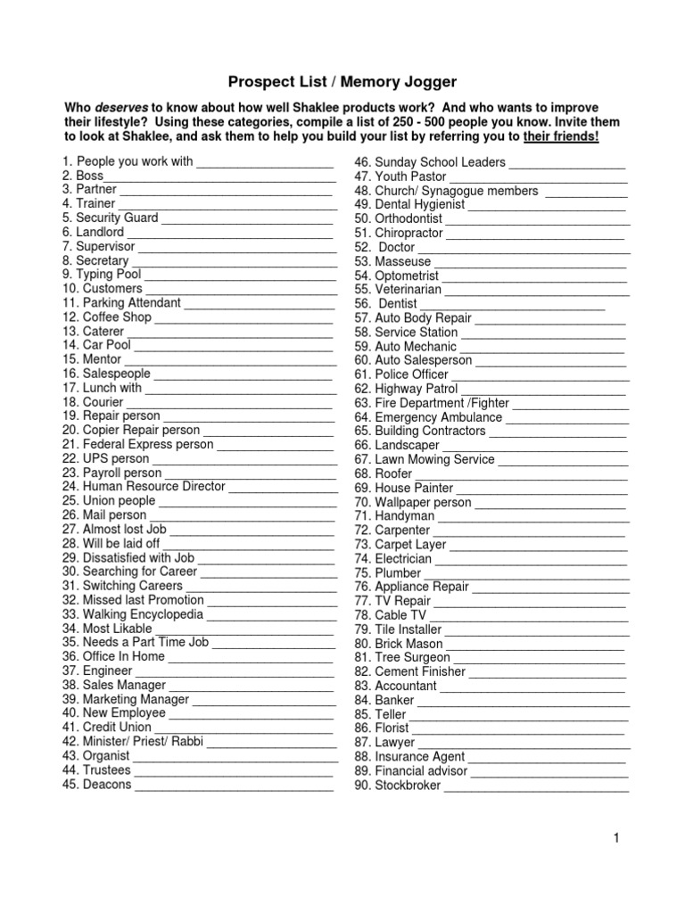 Prospect List / Memory Jogger | PDF | Business