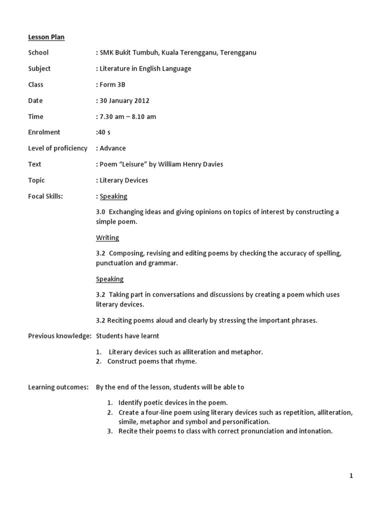 Leisure Poem Lesson Plan for Class 3B | PDF | Poetry | Conversation