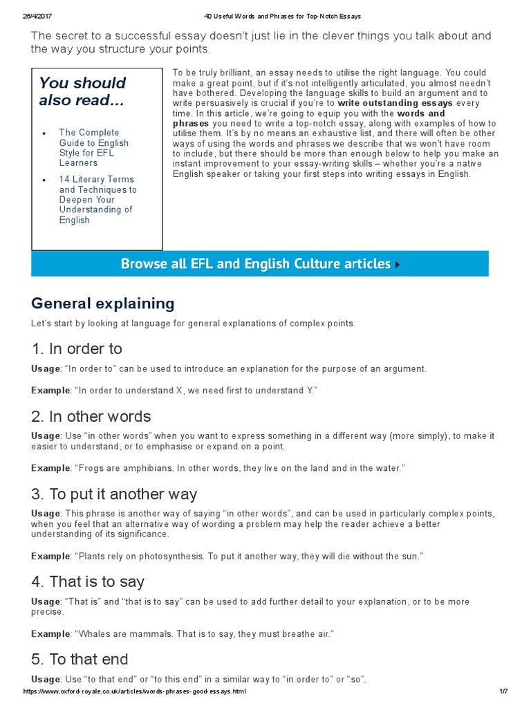 40 Useful Words and Phrases For Top-Notch Essays | PDF | Essays | Argument
