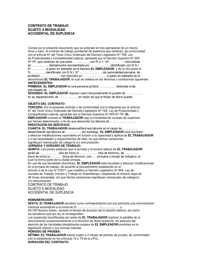 Contrato de Trabajo Sujeto A Modalidad Accidental de Suplencia | PDF | Derecho laboral | Salario