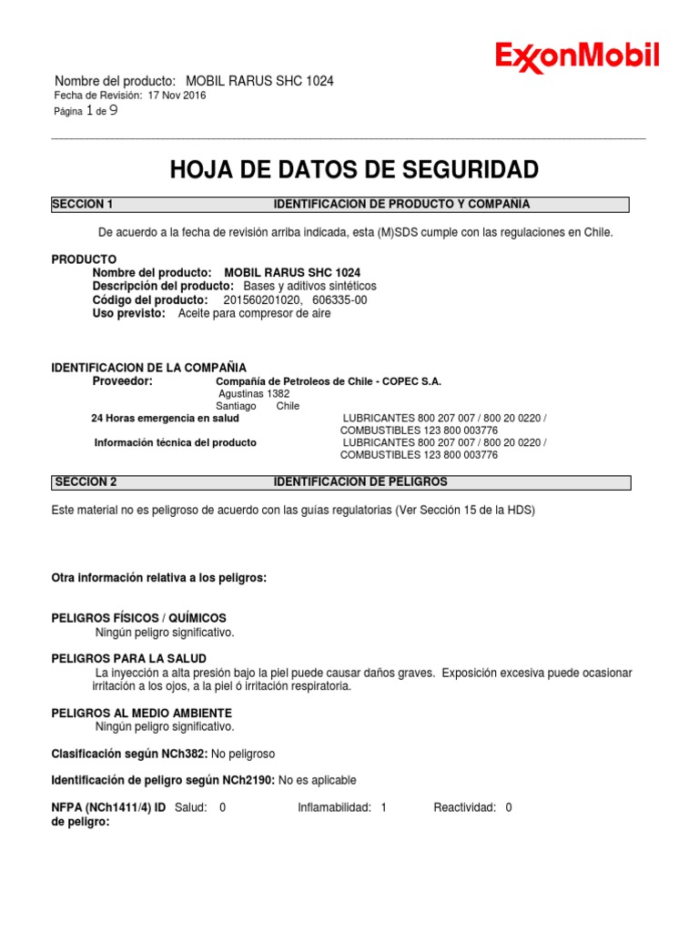 Mobil Rarus SHC 1024 | PDF | Toxicidad | Guante