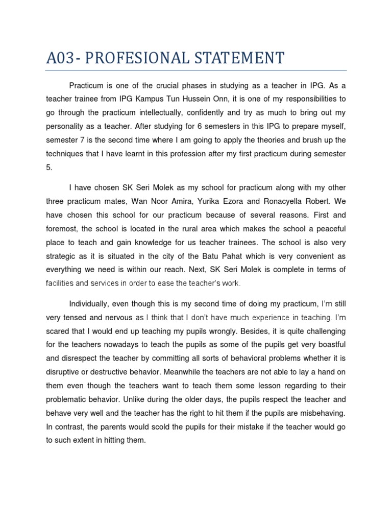 Profesional Statement Practicum | PDF | Classroom Management | Teachers