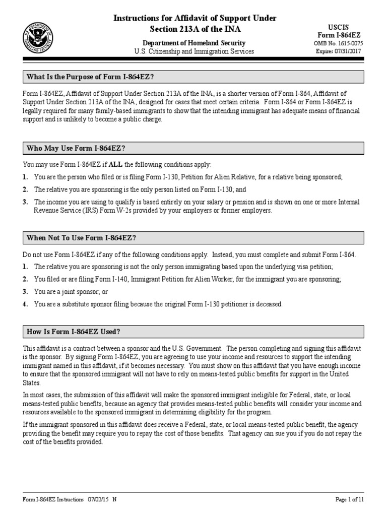 Form I-864EZ Affidavit Support Guide | PDF | Permanent Residence ...