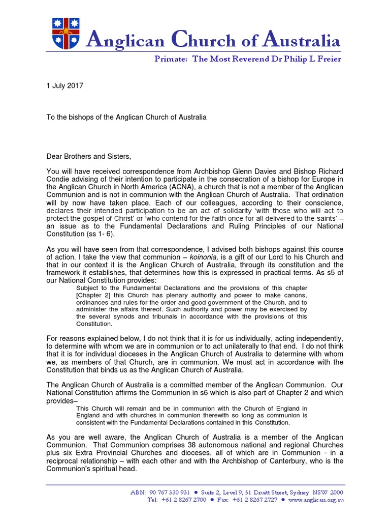 Letter of Archbishop Philip Freier of July 1, 2017 To The Australian ...