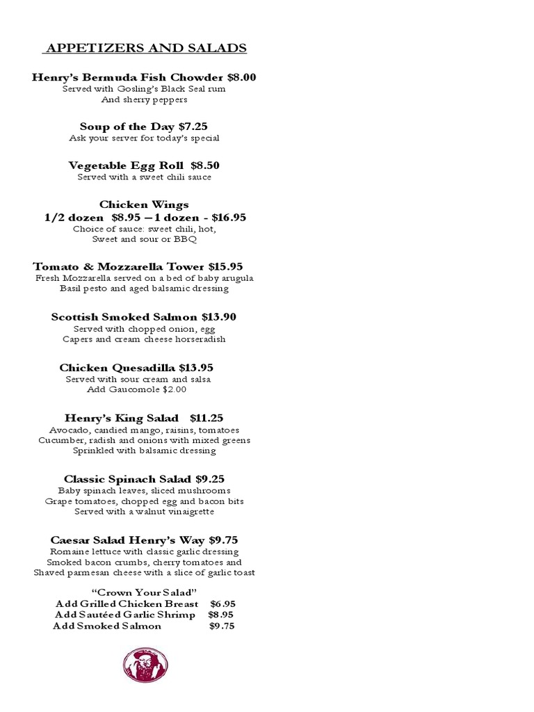 Henrys Lunch Menu | PDF | Salad | Hamburgers