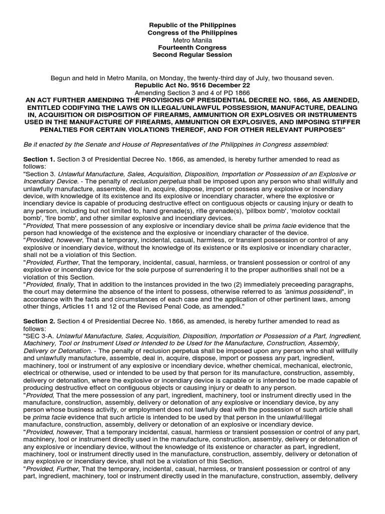 PD 1866 RA 9516 RA 8294 and EO 522 All in | PDF | Double Jeopardy | Caliber