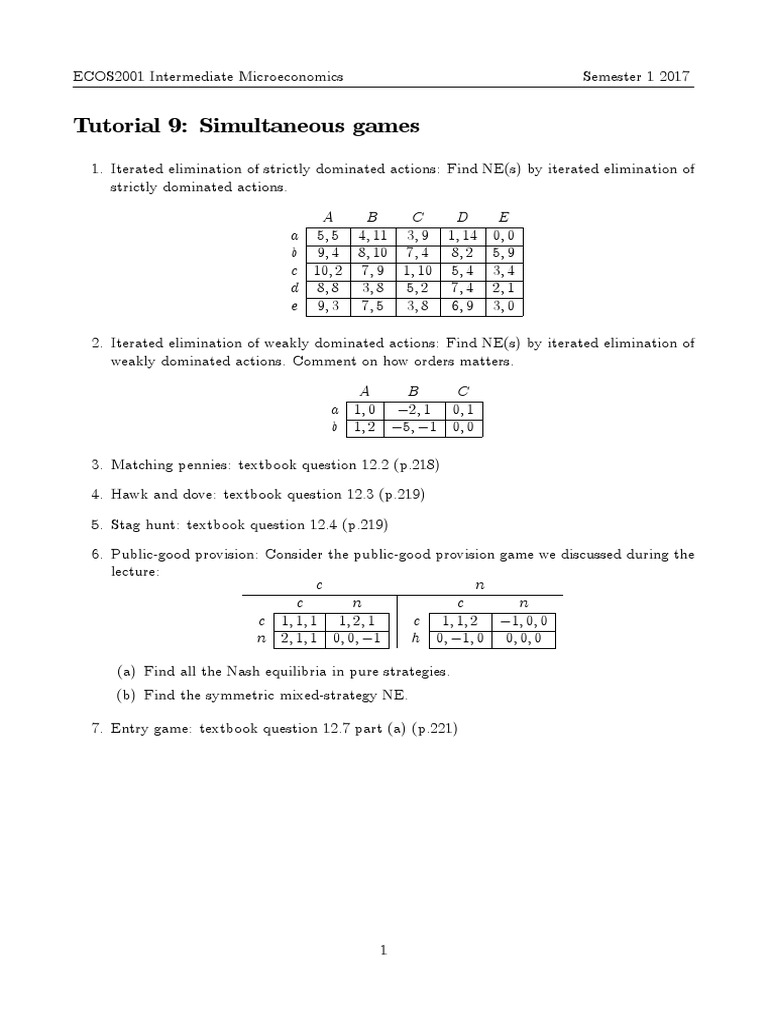 Tutorial 9: Simultaneous Games | PDF