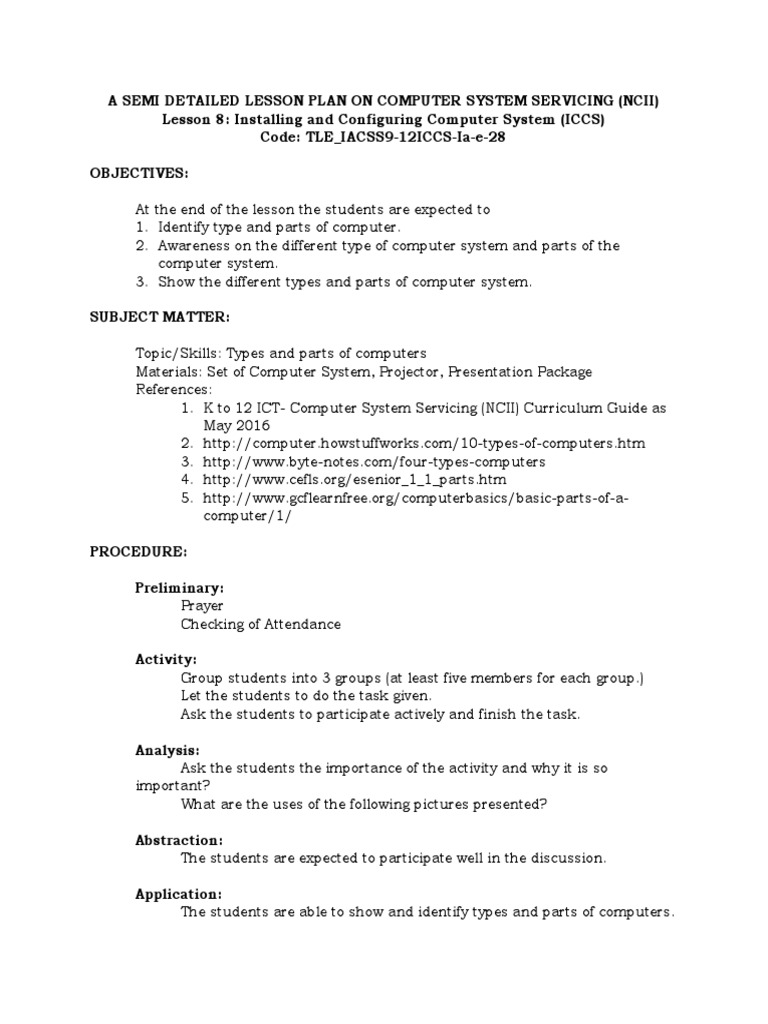 Computer System Servicing Lesson Plan | PDF | Lesson Plan | Education ...