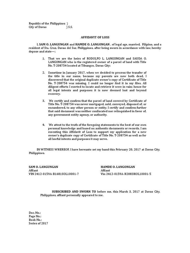Affidavit of Loss for Land Title | PDF