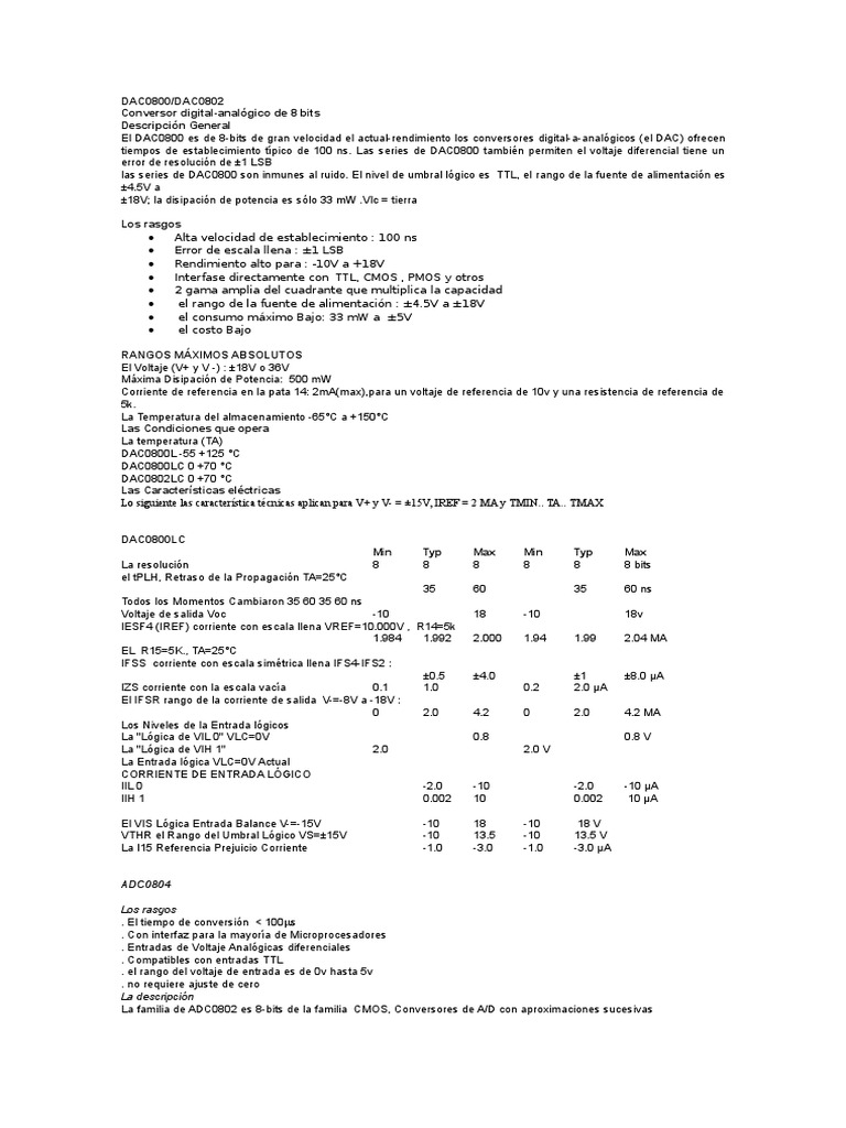 Conversor digital-analógico de 8 bits DAC0800/DAC0802: Descripción ...