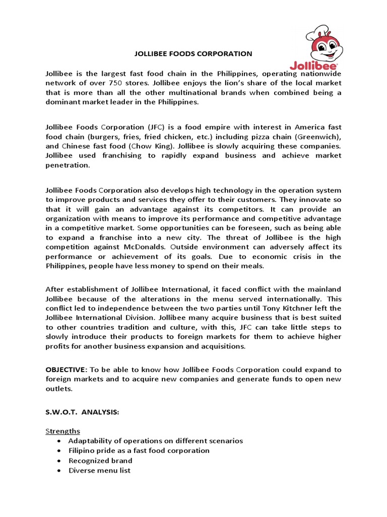 Jollibee SWOT Analysis and Expansion Strategies | PDF | Fast Food ...
